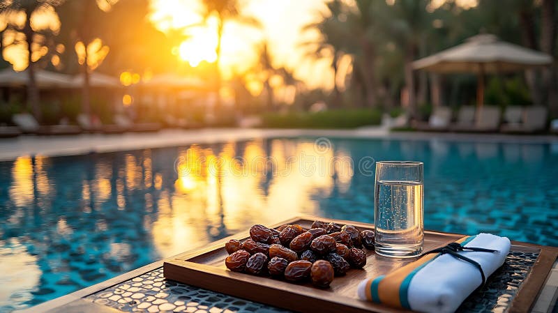 Dates and Water by a Resort Pool at Sunset Stock Photo - Image of ...