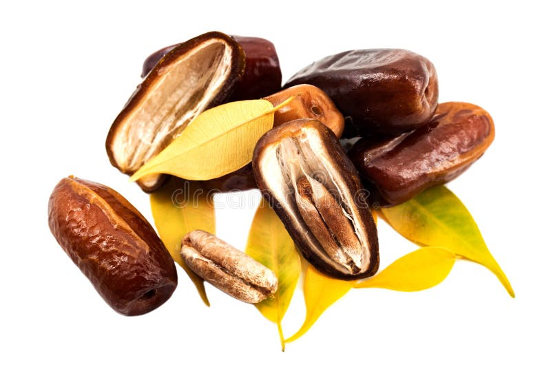 Dates on a White Background. Dates Isolate with Seeds and Leaves Stock ...