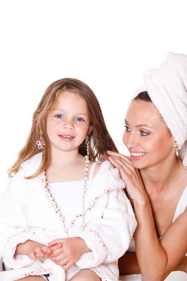 Daughter in Bathrobe and Her Mother Stock Image - Image of long, family ...