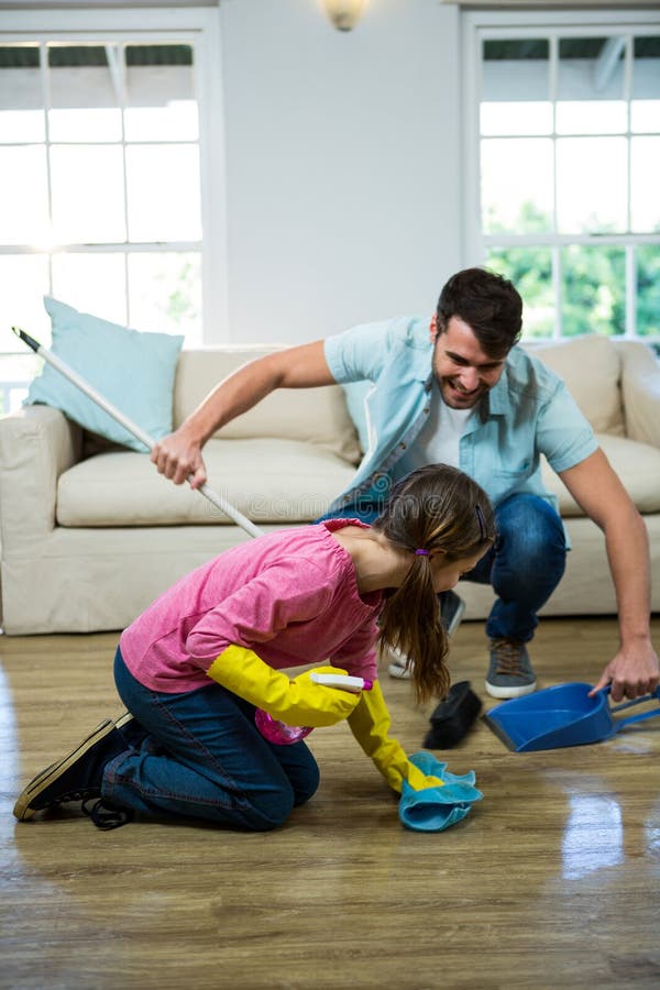 Daughter Helping Father To Clean Floor Stock Image - Image of happy ...