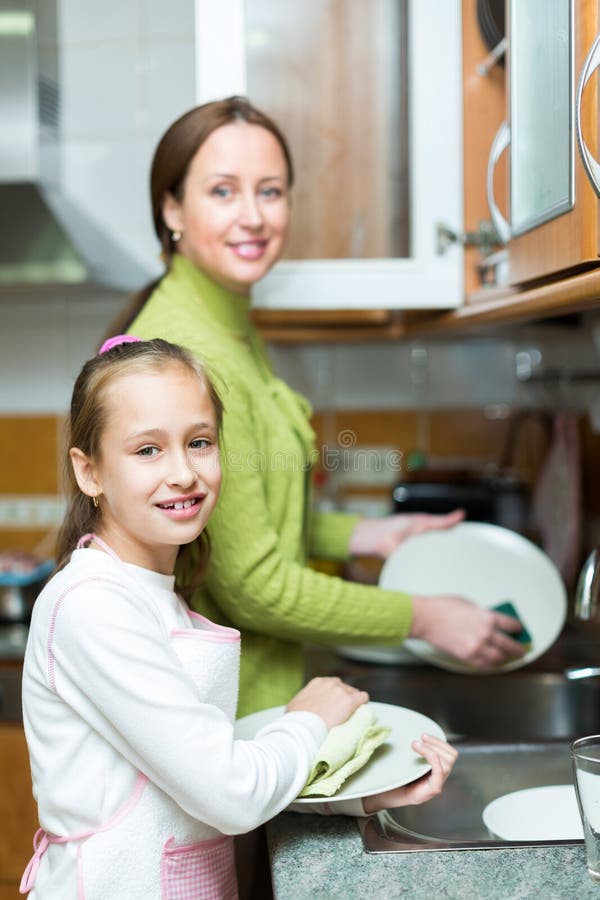 Daughter and Mother Washing Dishes Stock Image - Image of house ...