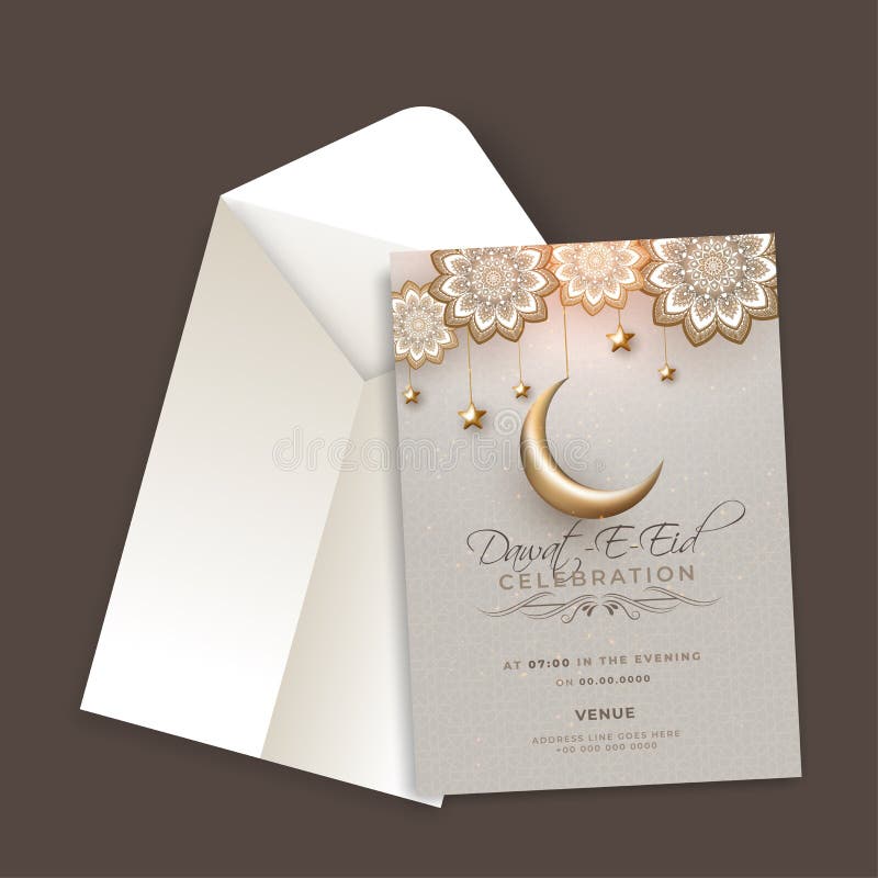 Dawat-E-Eid Invitation Card Design with Crescent Moon and Hanging ...