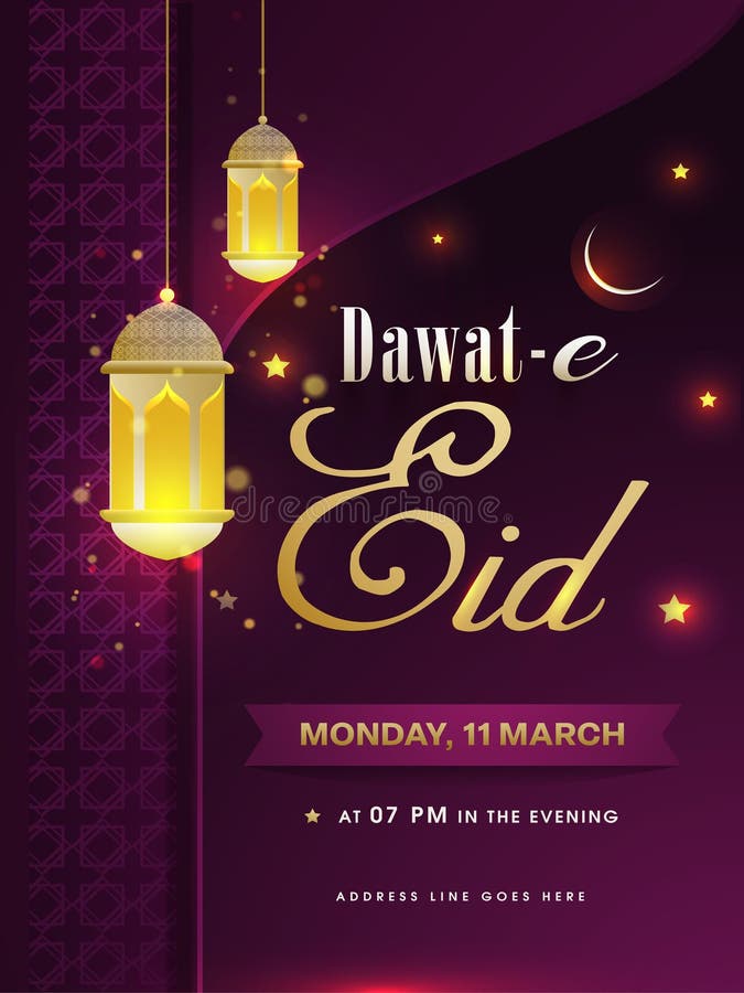 Dawat-E-Eid Invitation Card or Flyer Design with Illuminated Lamps Hang ...