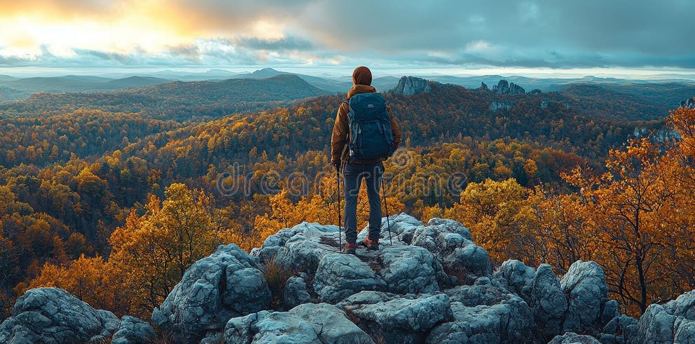 At Dawn, a Backpacker Sits on a Boulder. the View is Captured in a 360 ...
