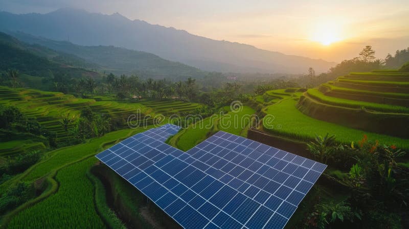 Dawn Breaks Over Eco-friendly Rice Paddies with Embedded Solar Panels ...