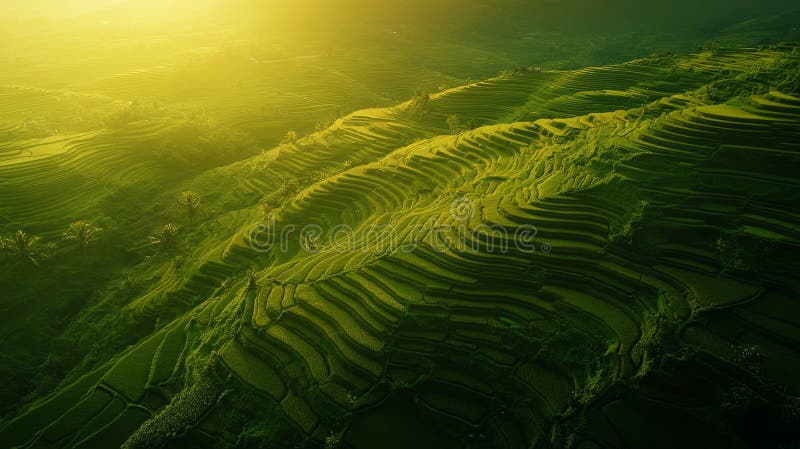 Dawn Breaks Over the Lush Green Terraced Rice Fields Nestled in a ...