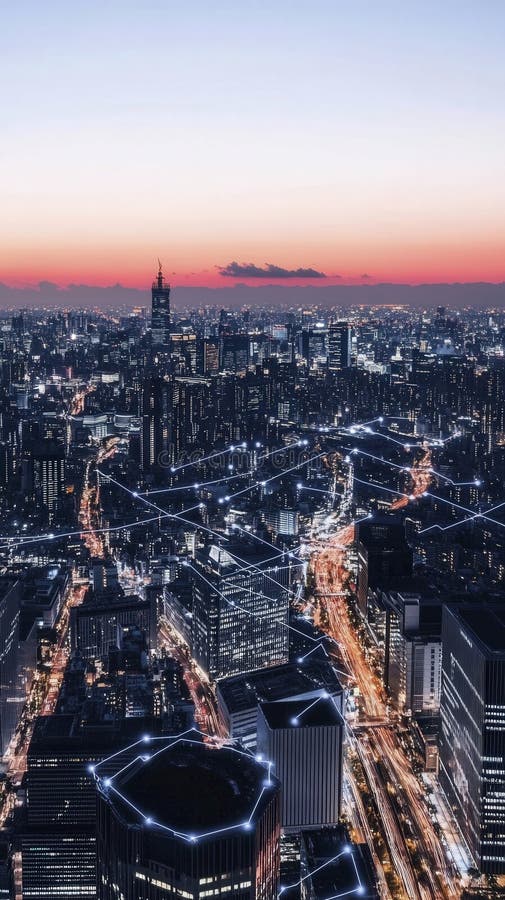 Dawn City View Adorned with Network Visualizations Stock Illustration ...