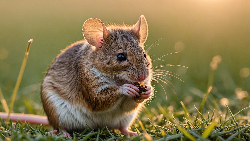 Dawn Encounter Tiny Mouse Feasting on Seed in Grassy Field Stock ...