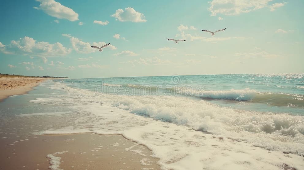 At Dawn, a High Angle Captures a Pristine Beach with Gentle Waves and Seagulls in View Stock ...