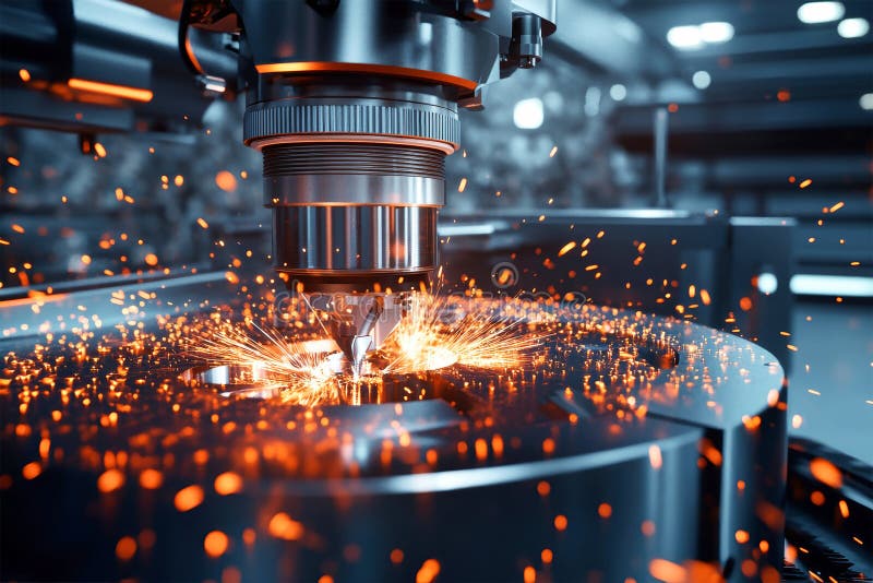 Dawn Highlights a CNC Machine Cutting with Precision and Sparks in a ...