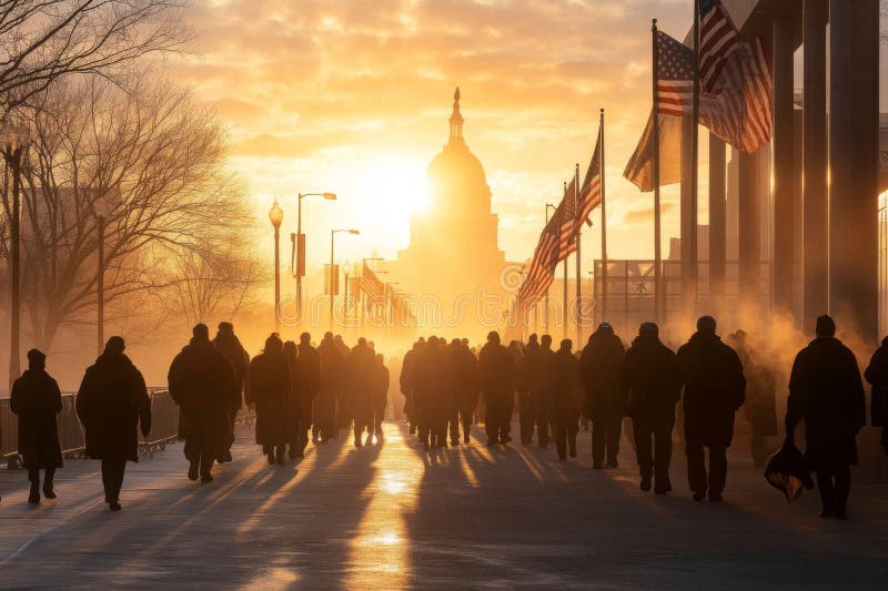 Dawn Breaks Over the Inauguration Ceremony with Crowds Gathering in ...