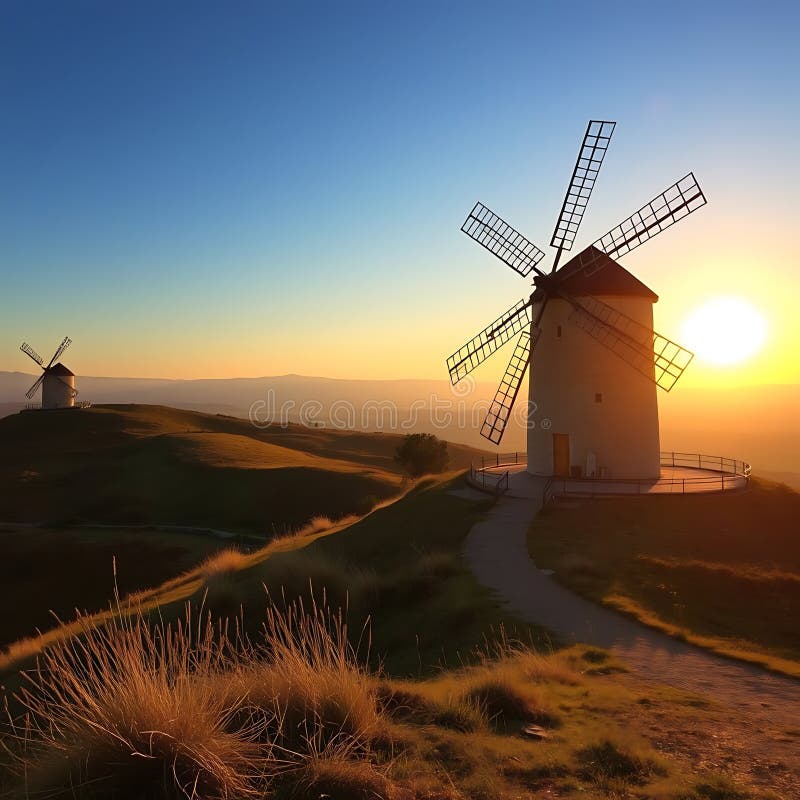 Dawn Light on Hill with Windmill Stock Illustration - Illustration of ambiance, windmill: 346814353