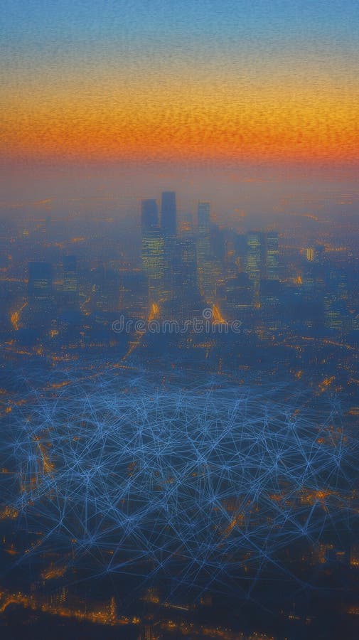 Dawn City Skyline with Digital Blue Network Overlay Stock Illustration ...