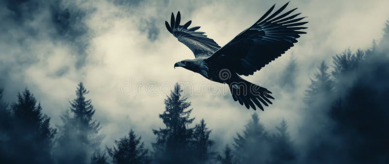 At Dawn, a Majestic Eagle is Soaring Over a Misty Mountain Valley that Has Dense Forests and ...