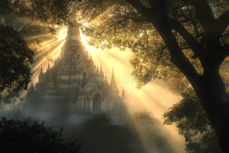 Dawn Mist Envelops Ancient Stone Structures in a Jungle Setting Stock ...