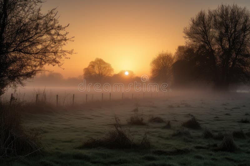 Dawn Mist Hanging in the Air Over the Meadows, with the Sun Rising ...