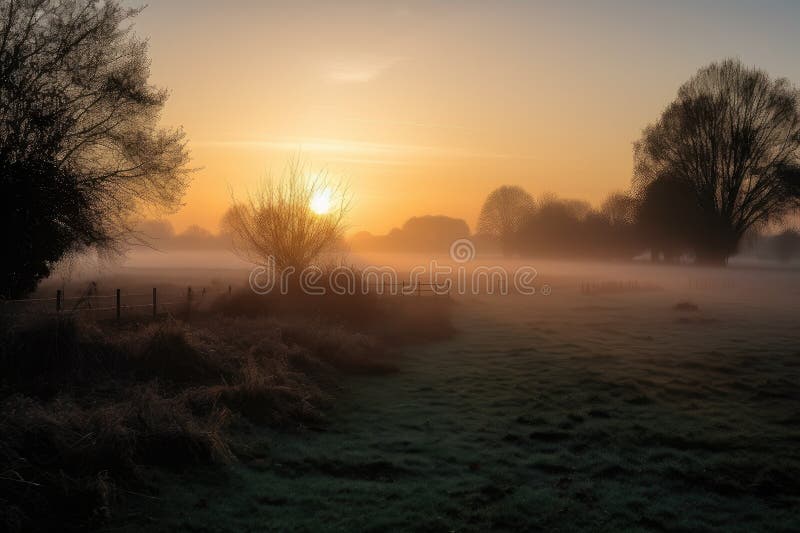 Dawn Mist Hanging in the Air Over the Meadows, with the Sun Rising ...