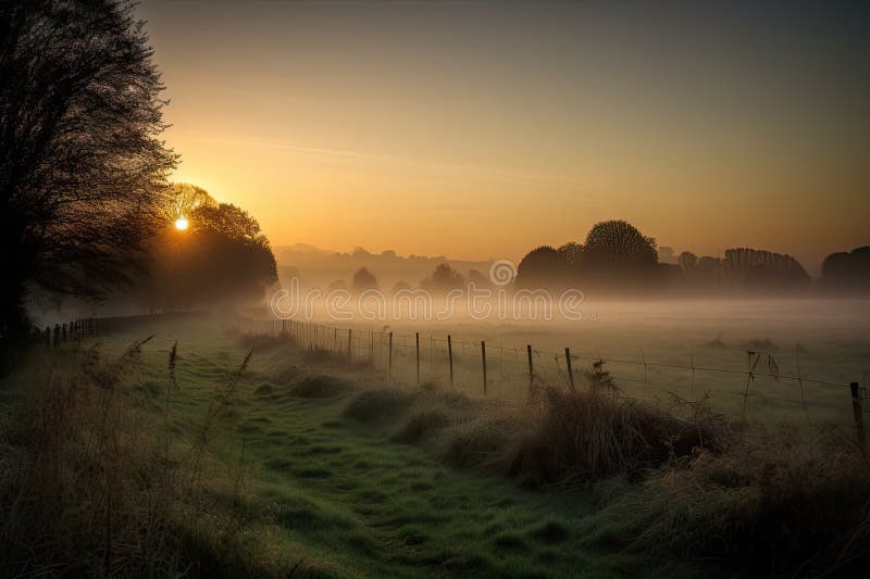 Dawn, with Mist Rolling Across the Meadows and the Sun Peeking Over the ...