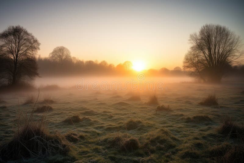 Dawn, with Mist Rolling Across the Meadows and the Sun Peeking Over the ...