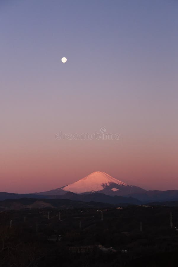 Dawn moon and Mt. Fuji stock image. Image of background - 172411873