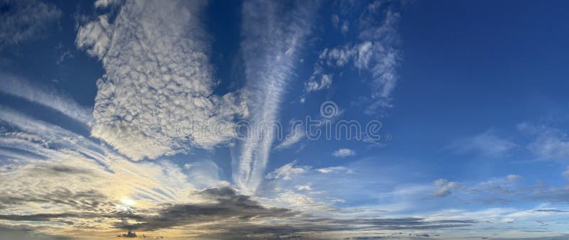 Dawn. Morning Sun, White Clouds and Blue Sky Panoramic Background Stock ...