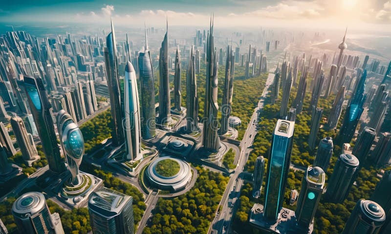 Dawn Over a Fantastic City of the Future Stock Illustration ...