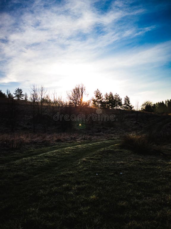 Dawn Over a Field with Trees and a Path. the Sun Breaks through the ...