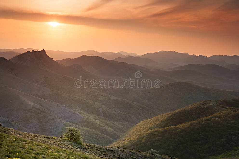 Dawn Over the Mountains with Clouds Stock Photo - Image of landscape ...