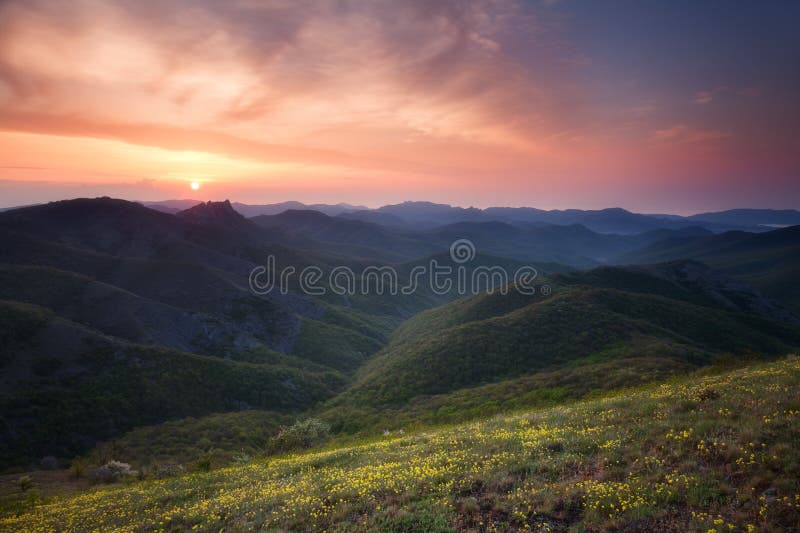 Dawn Over the Mountains with Clouds Stock Image - Image of freedom ...