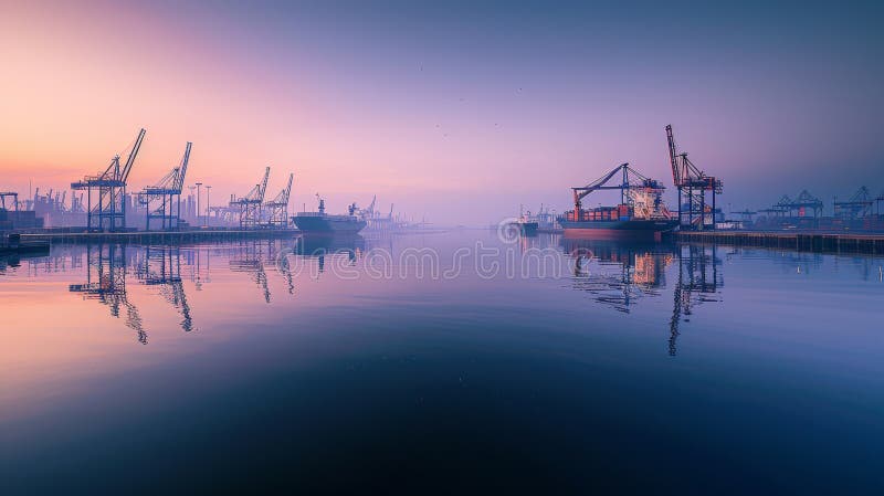 Dawn Reflections in a Modern Harbor Stock Photo - Image of dockyard ...