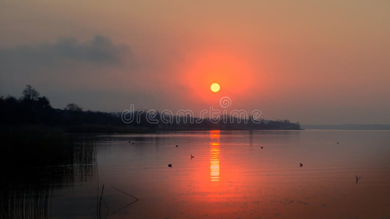 Dawn on the River Red-pink Sky and Reflection Stock Photo - Image of ...