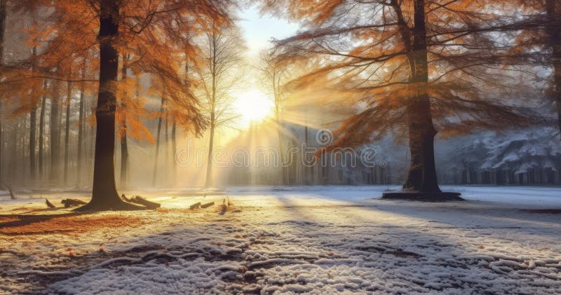 Dawn S Radiance. Sun Rays Peeking through Snow-Covered Trees Stock ...