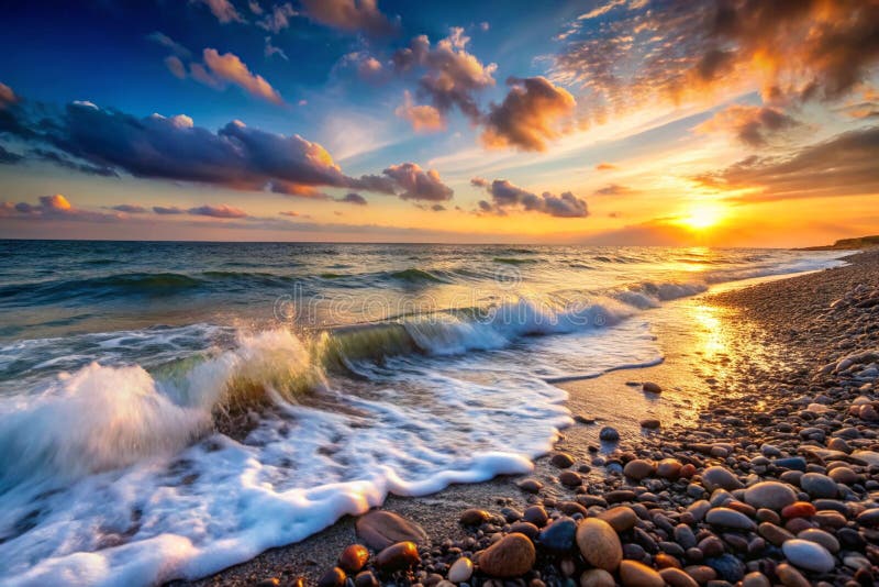 Dawn Sea Surf and Pebble Shoreline at Water S Edge Stock Illustration ...