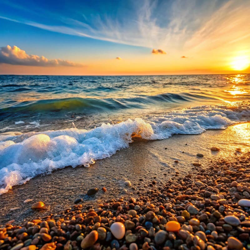 Dawn Sea Surf and Pebble Shoreline at Water S Edge Stock Illustration ...