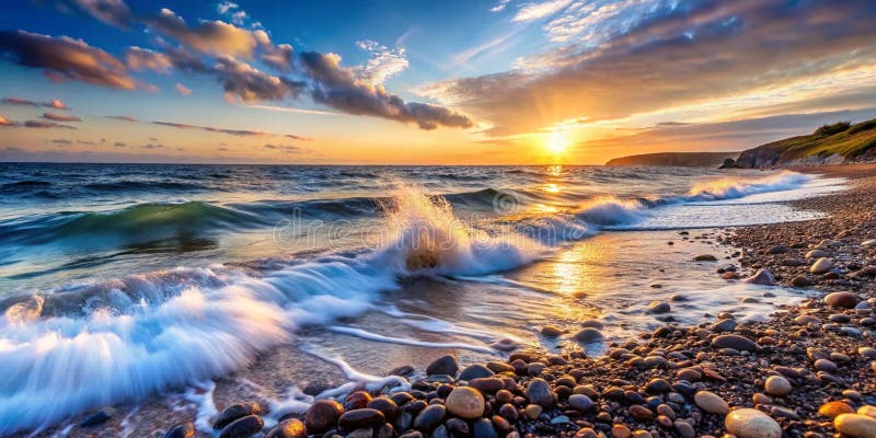 Dawn Sea Surf and Pebble Shoreline at Water S Edge Stock Illustration ...