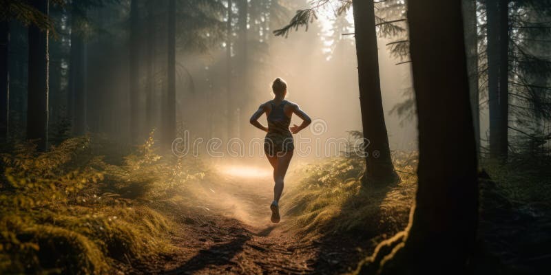 Dawn Trail Run Woman Conquering the Forest with Determination and ...