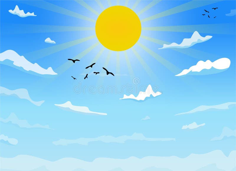 Vector Day Landscape Cartoon Sky Clouds, Crow, Sun and Sun Rays ...