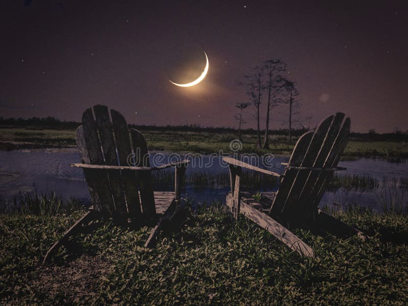 Chairs on the River at Night Under the Stars Stock Photo - Image of ...