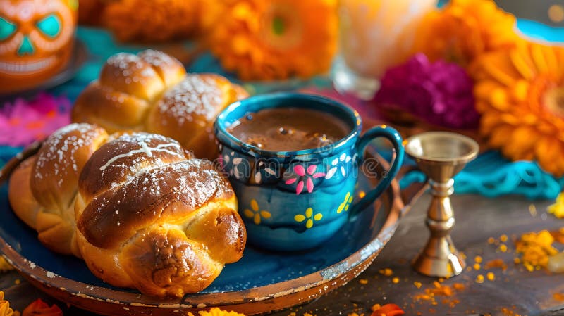 Close-up of Pan De Muerto with a Cup of Heritage Stock Illustration ...