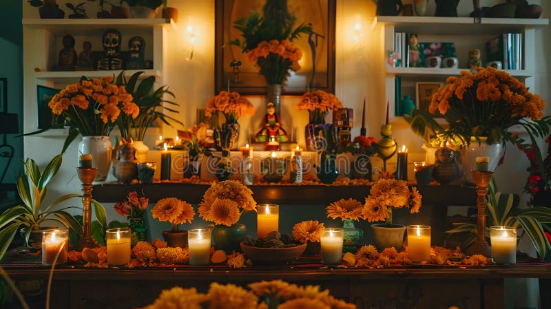Colorful Ofrenda Set Up in a Home Stock Illustration - Illustration of ...