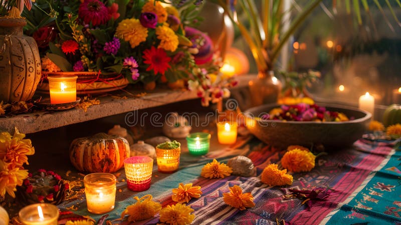 Colorful Ofrenda Set Up in a Home Stock Illustration - Illustration of ...