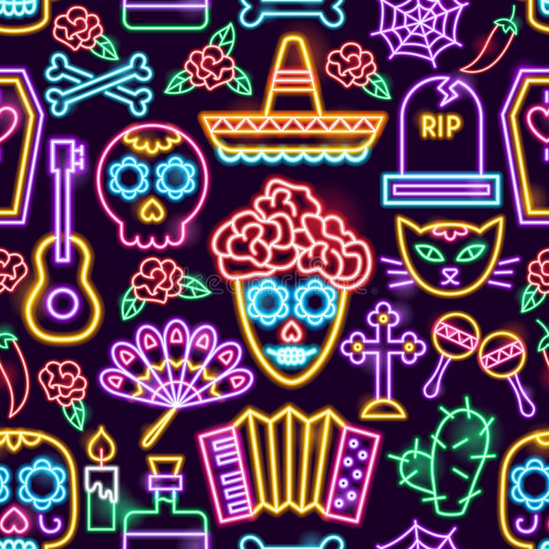 Day of the Dead Neon Seamless Pattern Stock Vector - Illustration of ...