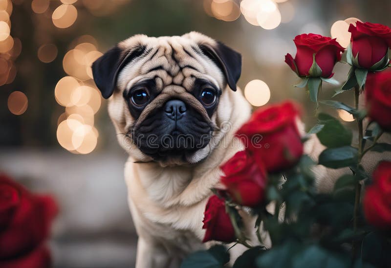 Day Dog Pug Red Rose Lovely Stock Illustration - Illustration of ...