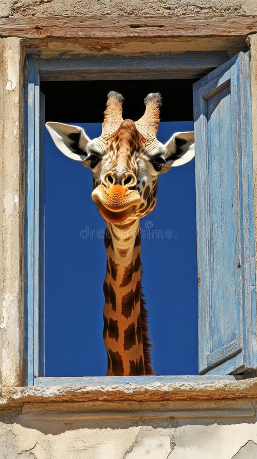 During the Day, a Giraffe is Seen Peering through a Blue Door with a ...