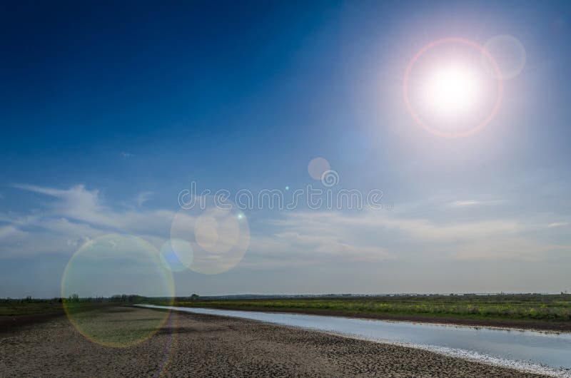 Day Landscape with River and Sun Stock Image - Image of reflection ...