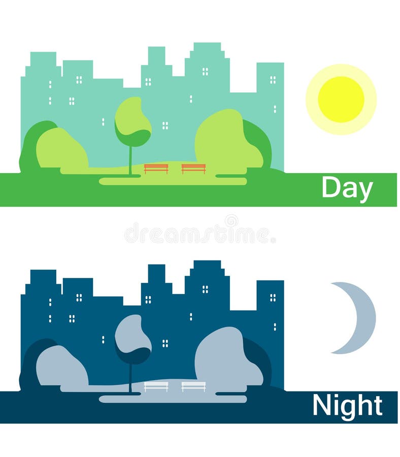 Day and Night City with Sun and Moon Stock Vector - Illustration of ...
