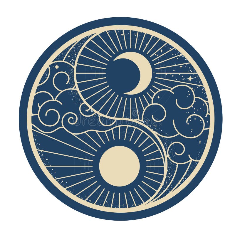 Day and Night, Sun and Moon in Clouds, Yin and Yang Symbol, Oriental ...