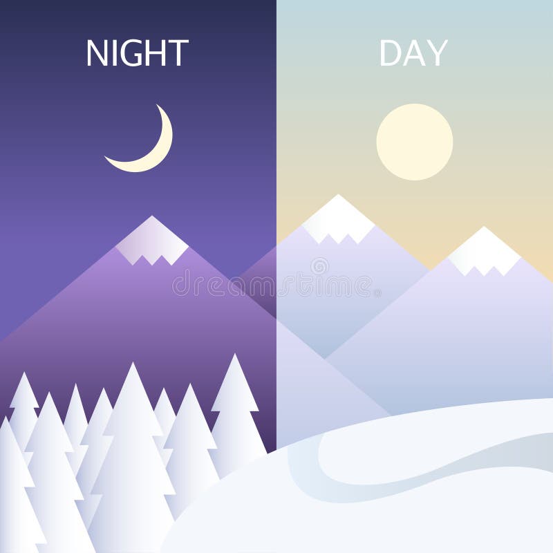 Day and Night Flat Vector Mountain Landscape with Moon, Sun and Clouds ...