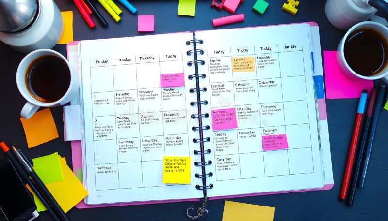 A Day Planner with Colorful Notes and Planning Essentials Stock ...