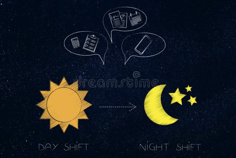 Day Shift Icon with Sun and Night One with Moon and Office Objec Stock ...
